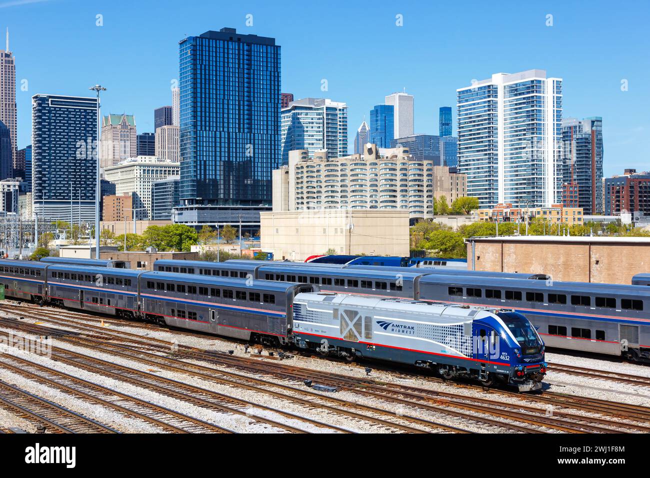 Skyline with Amtrak Midwest train railroad at Union Station in Chicago ...