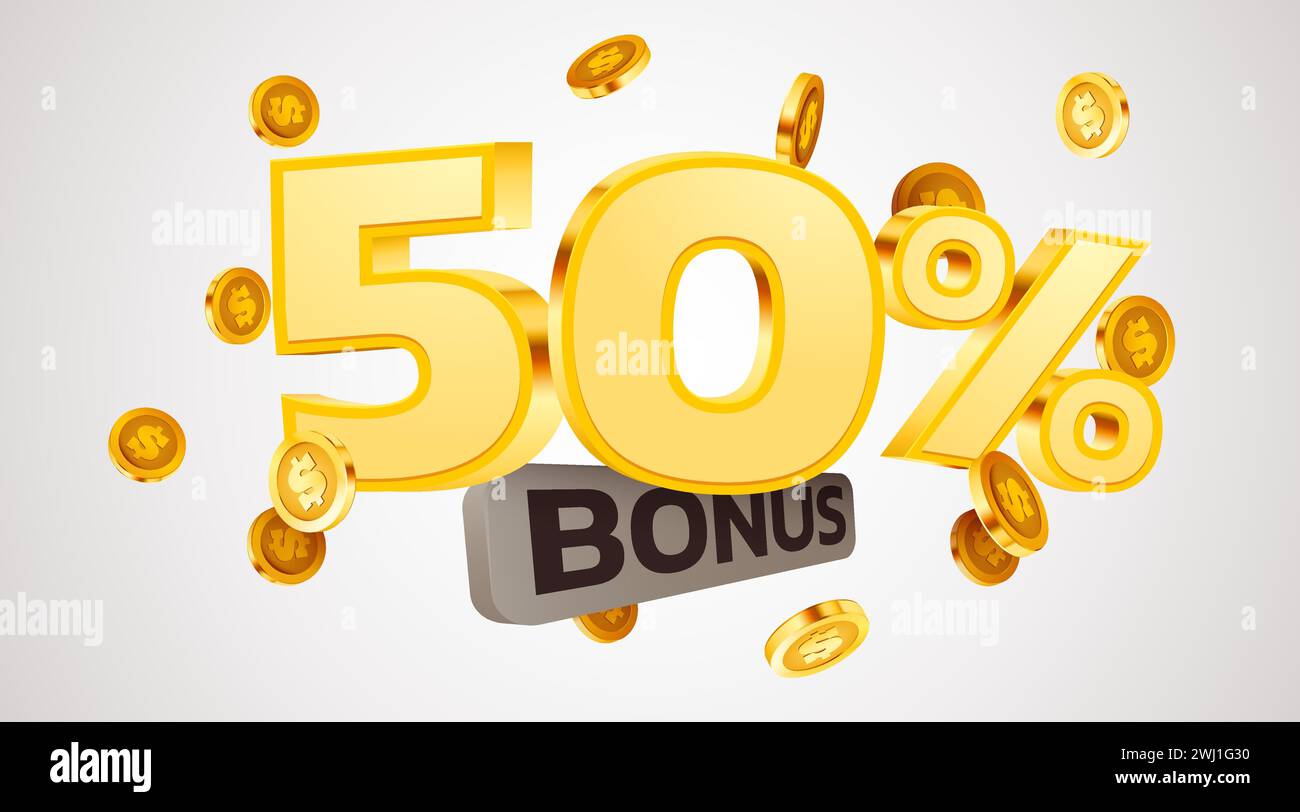 50 percents bonus. Falling golden coins. Cashback or prize concept ...
