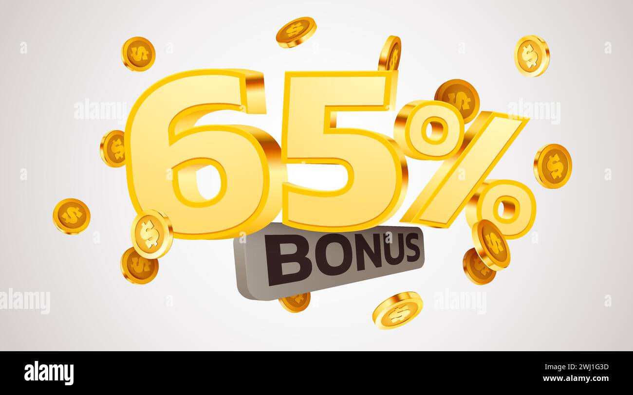 65 percents bonus. Falling golden coins. Cashback or prize concept ...