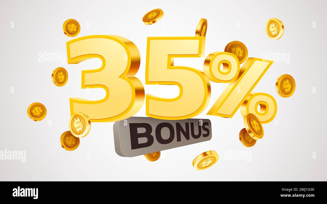 35 percents bonus. Falling golden coins. Cashback or prize concept. Vector illustration Stock ...