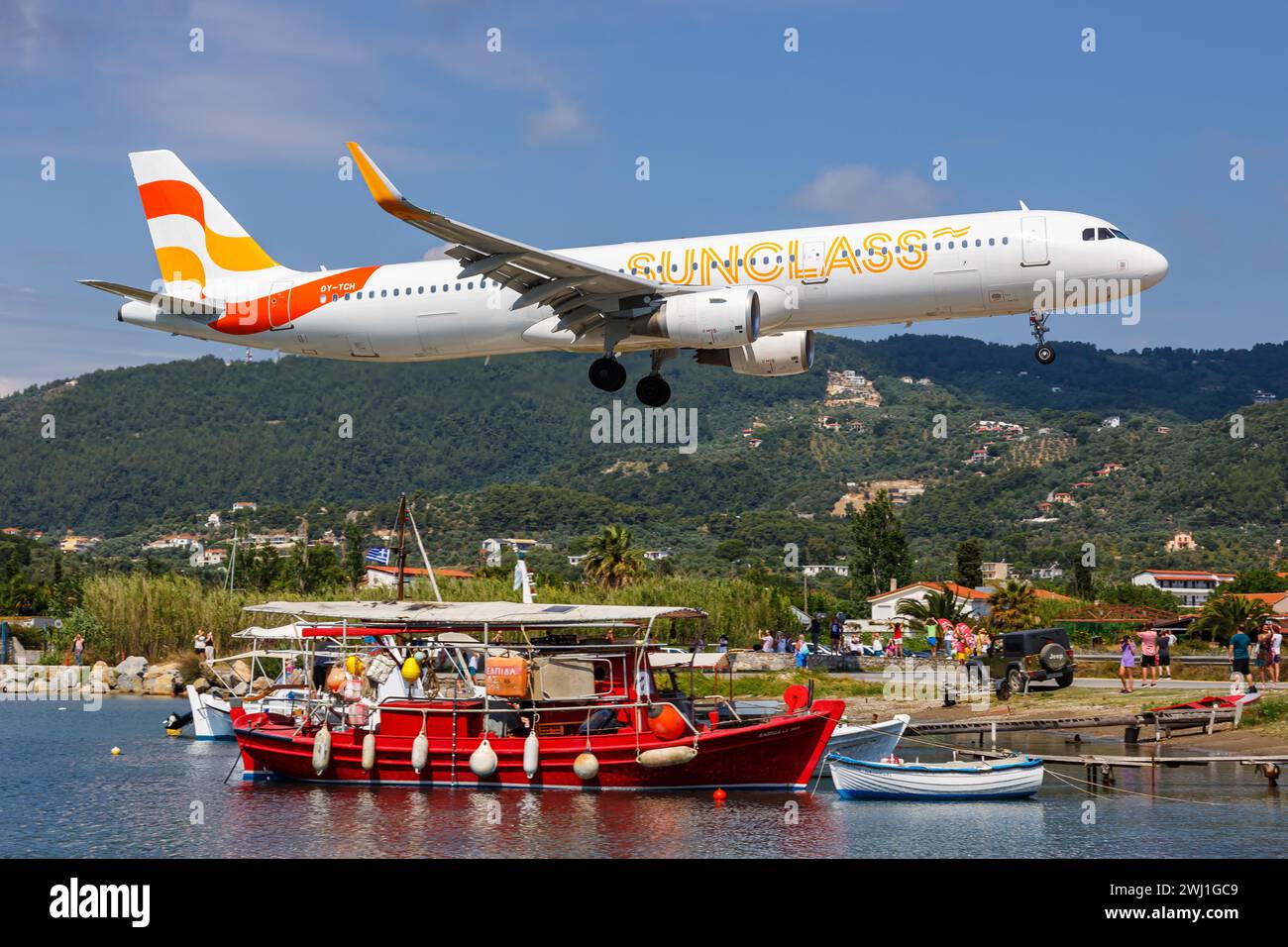 Sunclass Airbus A321 aircraft Skiathos Airport in Greece Stock Photo ...