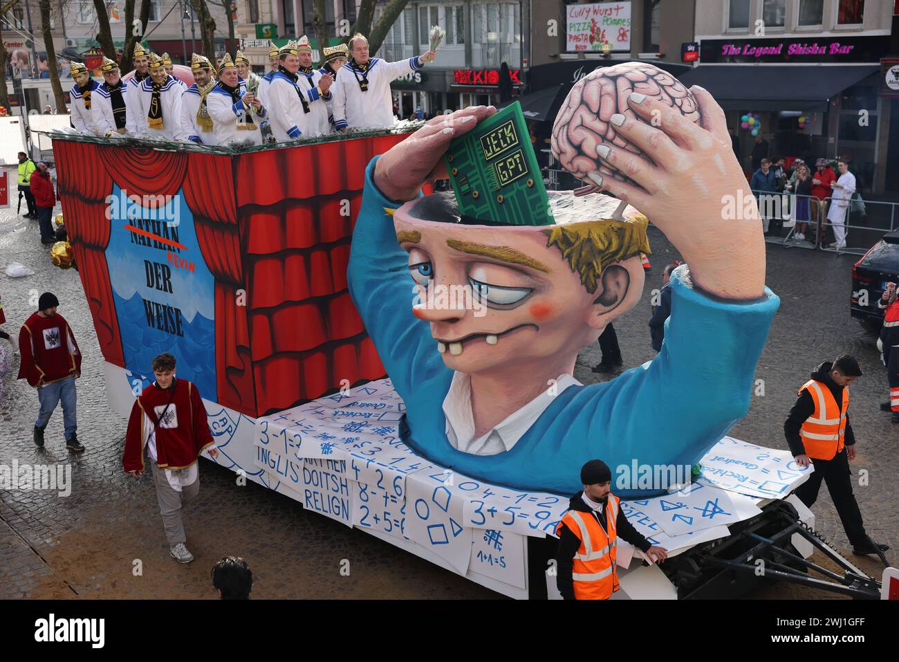 Cologne, Germany. 12th Feb, 2024. A "Kevin the Wise" float rides in the ...