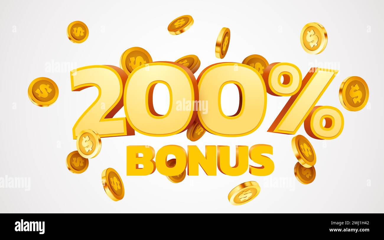 200 percents bonus. Falling golden coins. Cashback or prize concept. Vector illustration Stock ...