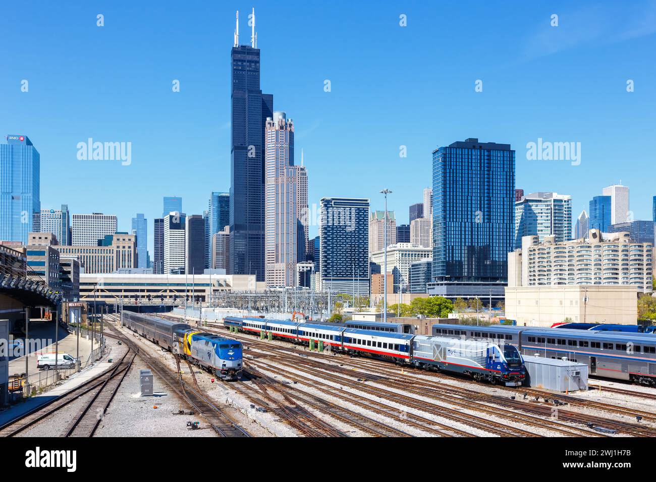 Skyline with Amtrak trains at Union Station in Chicago, USA Stock Photo ...