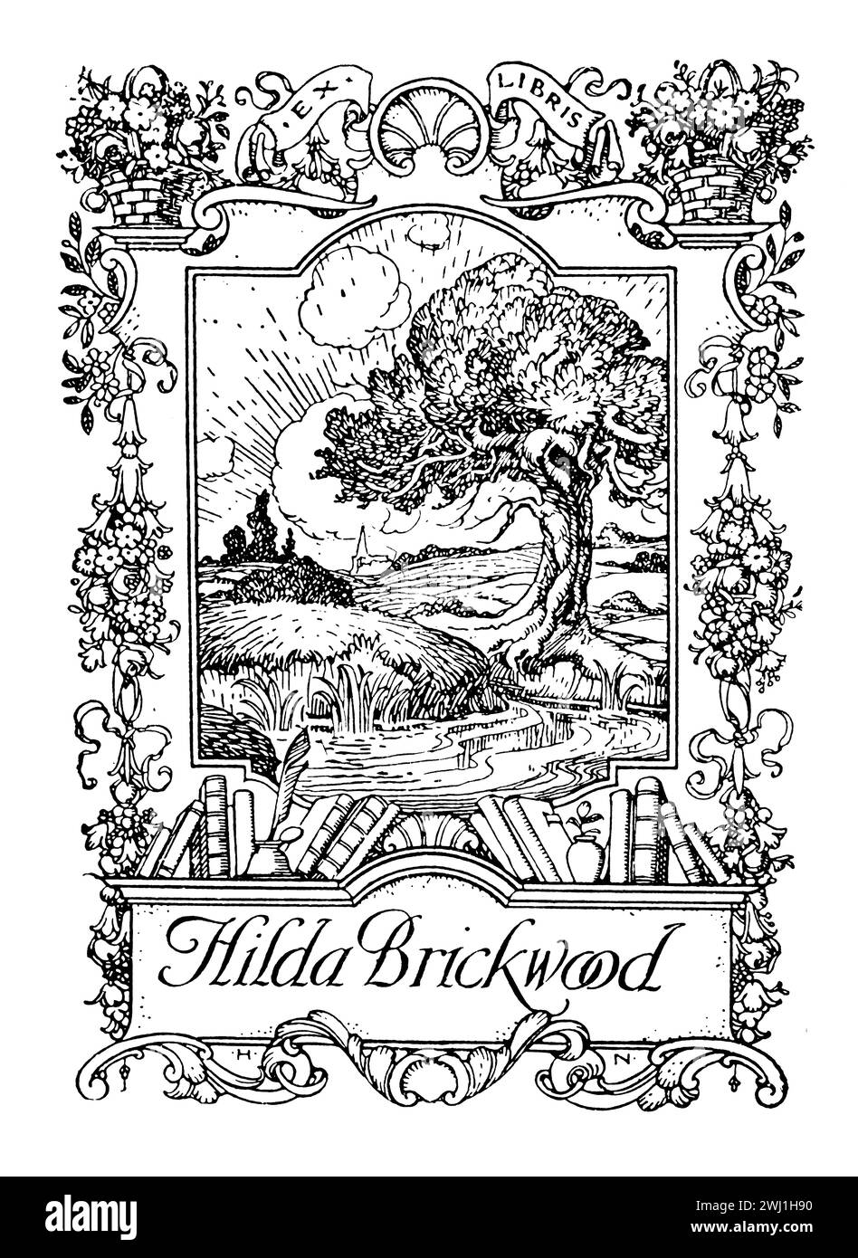 Pastoral scene bookplate for Hilda Brickwood by Harold Nelson Stock ...