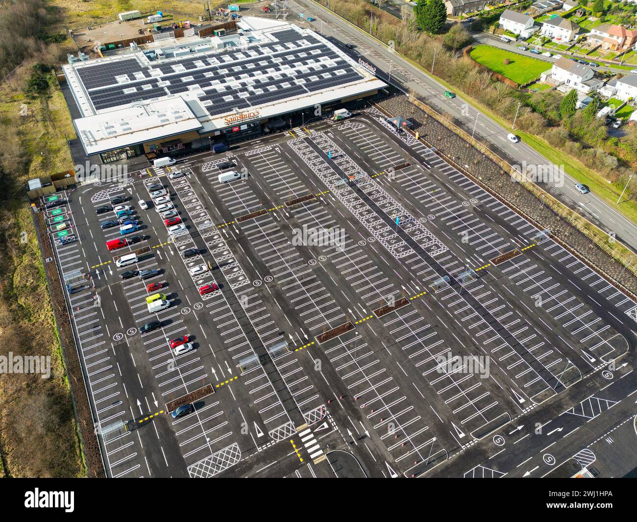 Pontyclun, Wales, UK - 11 February 2024: Drone view of a new Sainsbury ...
