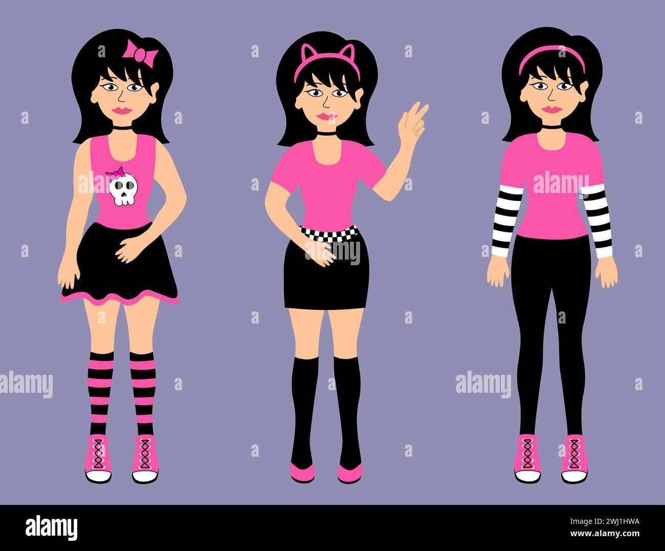 Cartoon teenage girls emo or punk. Young women with black hair wearing ...