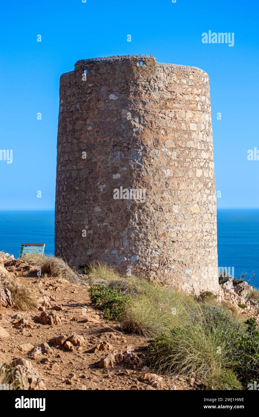 Mediterranean coastal landscape. Historic Torre Vigia De Cerro Gordo, a ...