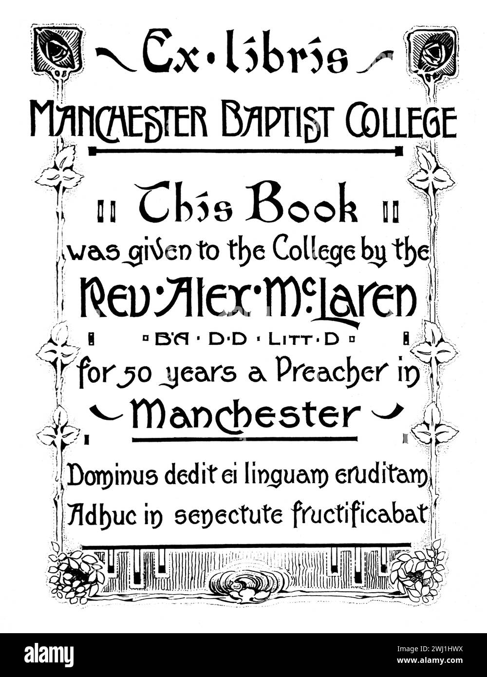 Edwardian Bookplate indicating donation to Manchester Baptist College ...