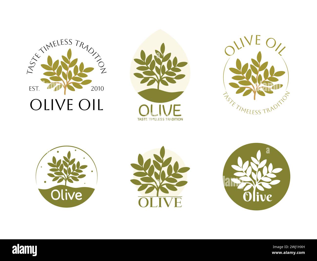 Set of vector logos of olive tree with leaves. Modern hand drawn vector olive oil icons ...