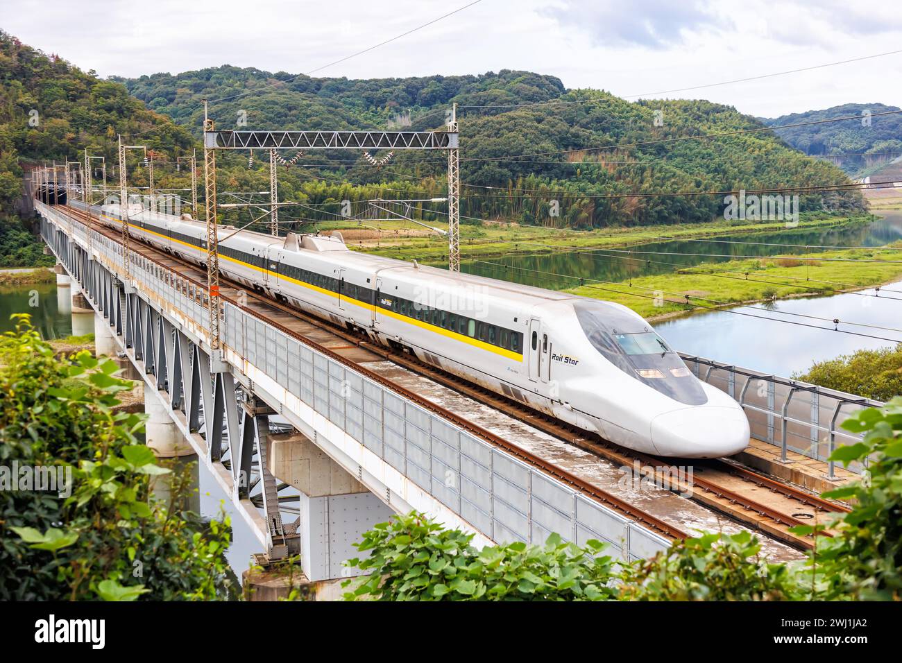 Shinkansen type 700 high-speed train of Japan Rail JR West Rail Star train on the Sanyo ...