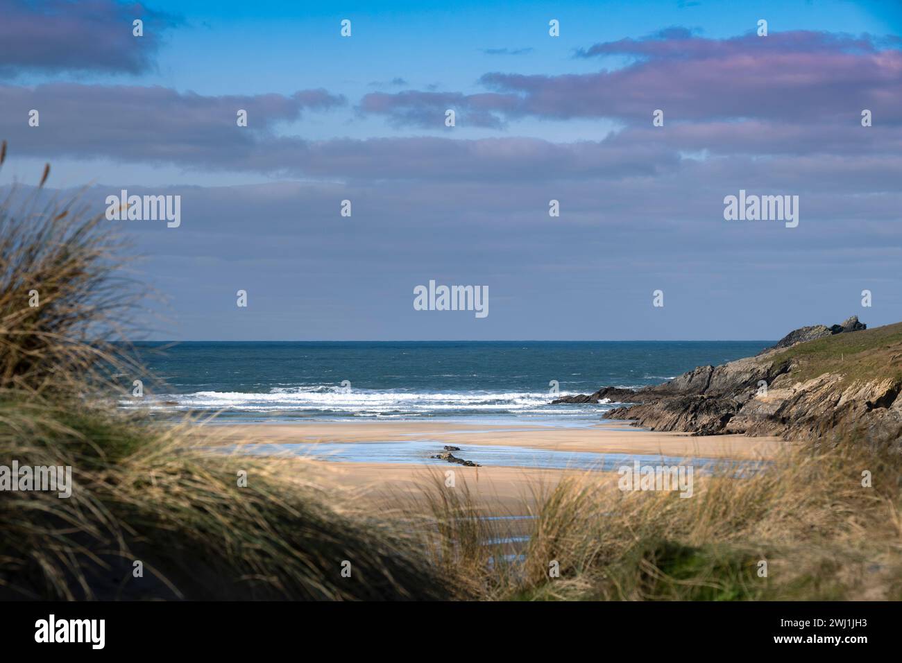 Crantock Beach at low tide seen from the sand dune system on the coast ...