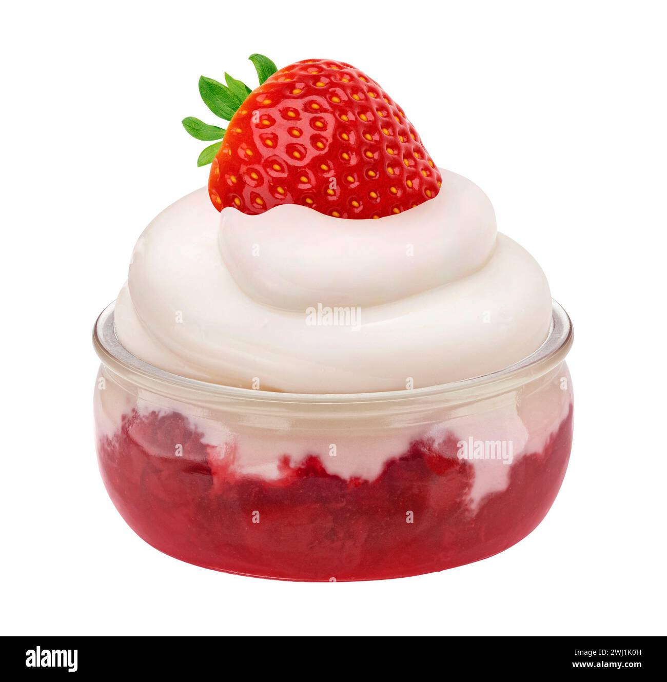 Glass jar of yogurt with strawberry jam isolated on white background ...