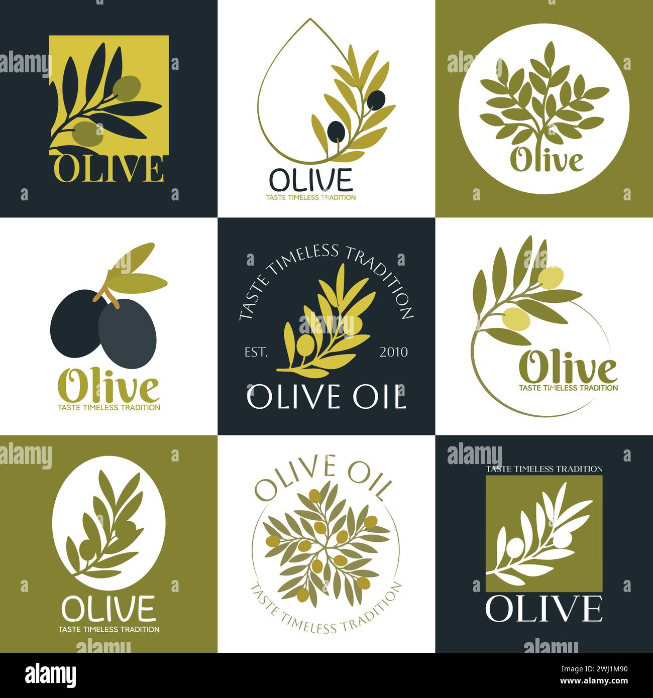 Set of vector logos of olive branch, tree, leaves and drops. Modern ...