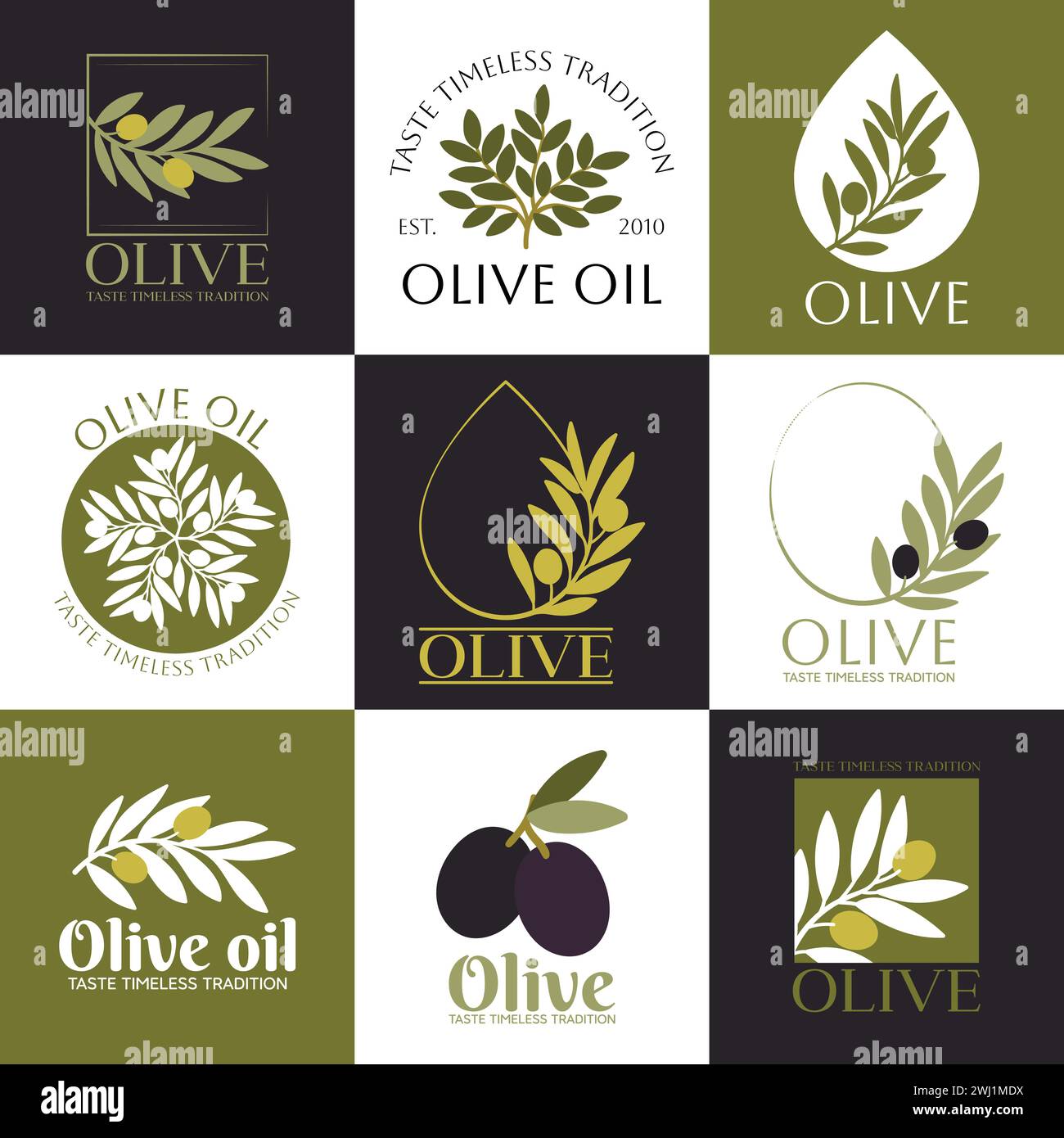 Set of vector logos of olive branch, tree, leaves and drops. Modern hand drawn vector olive oil ...