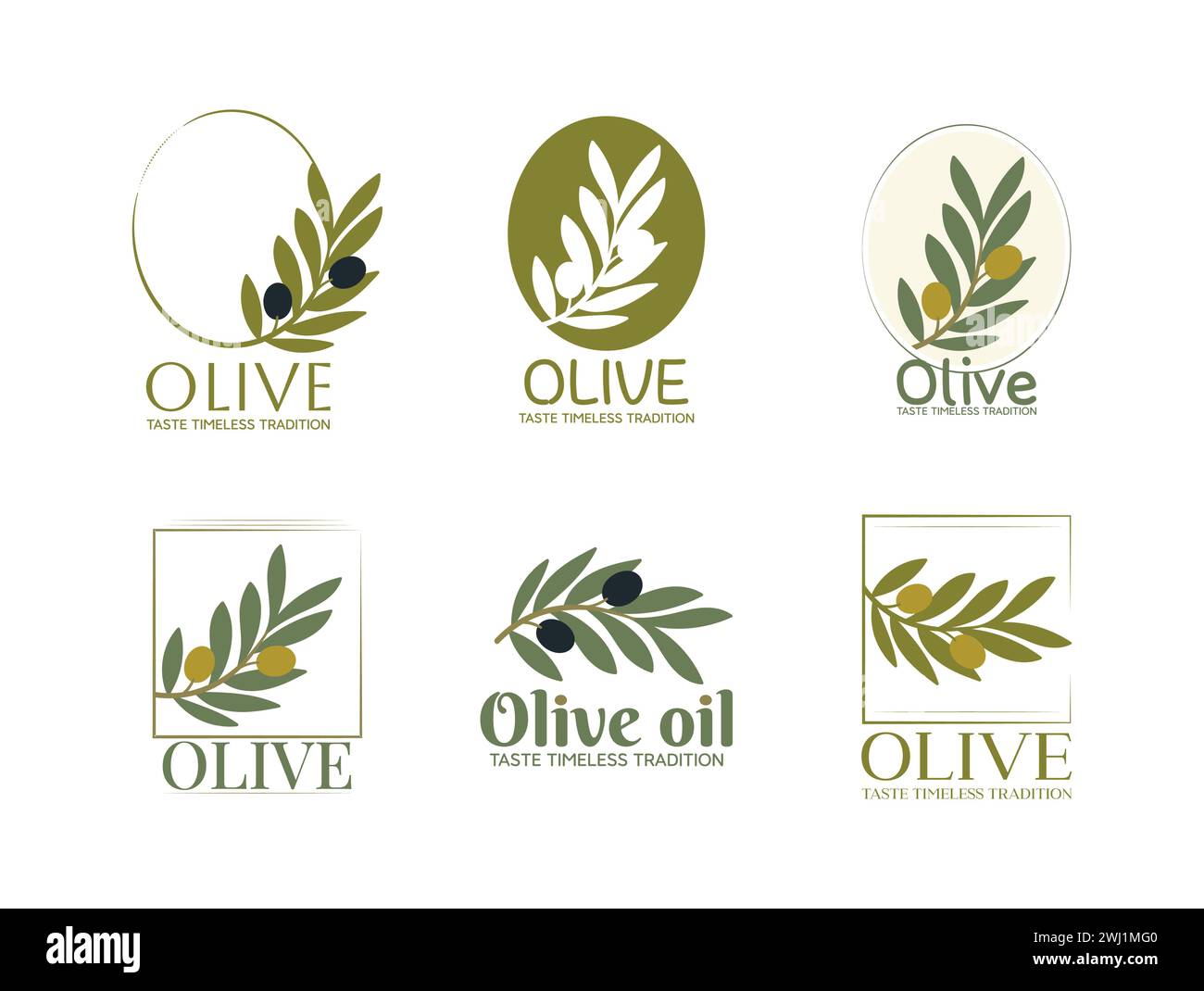 Set of vector logos of olive branch with leaves. Modern hand drawn ...