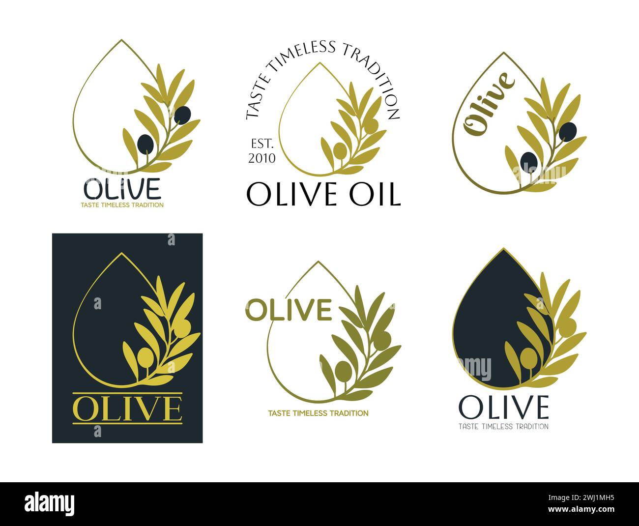 Set of vector logos of olive branch with leaves and drops. Modern hand drawn vector olive oil ...