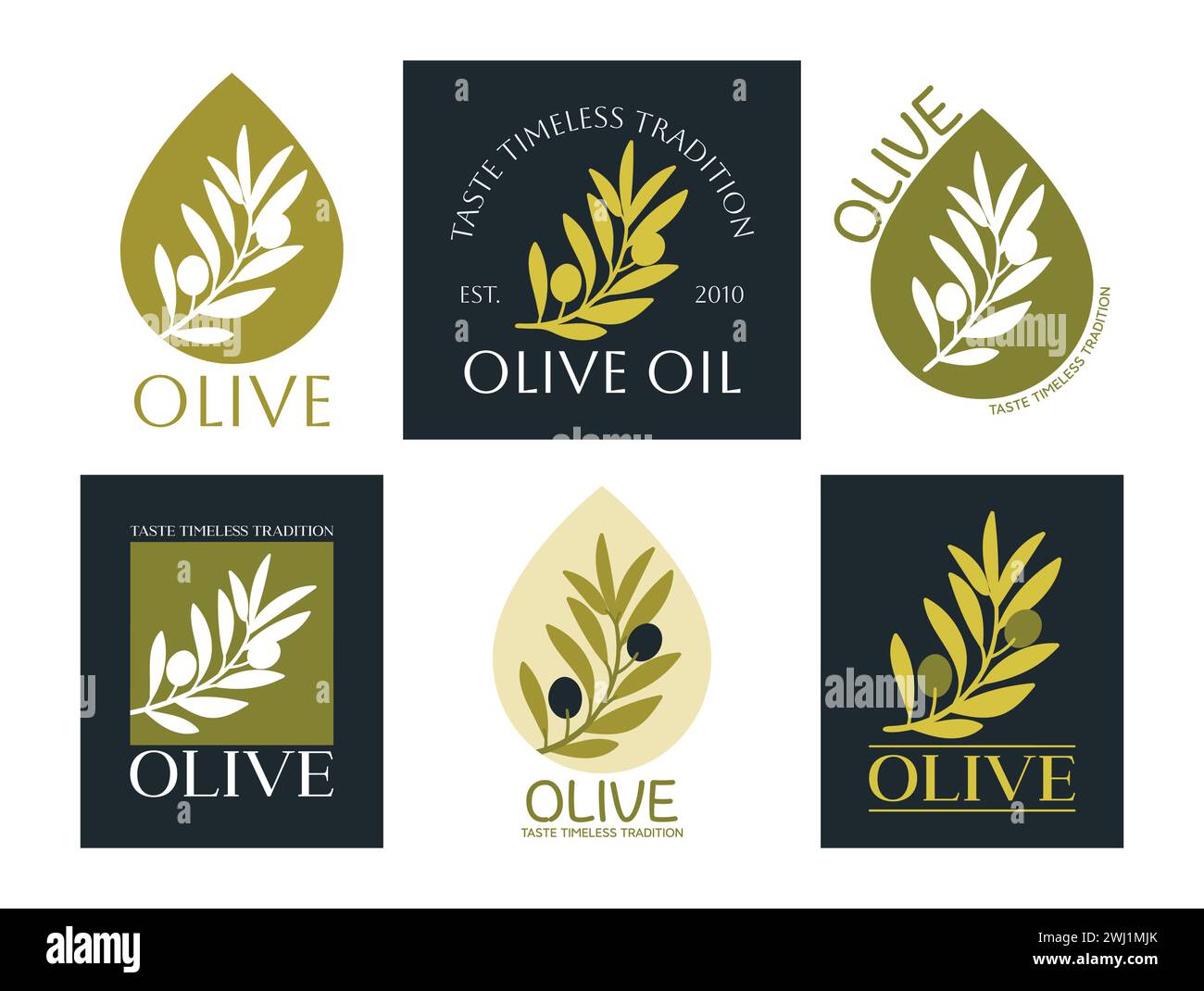 Set of vector logos of olive branch with leaves and drops. Modern hand drawn vector olive oil ...