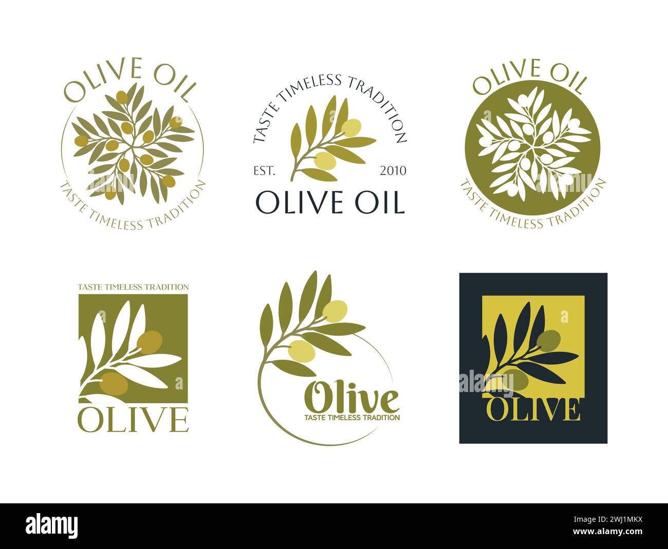Set of vector logos of olive branch with leaves. Modern hand drawn ...