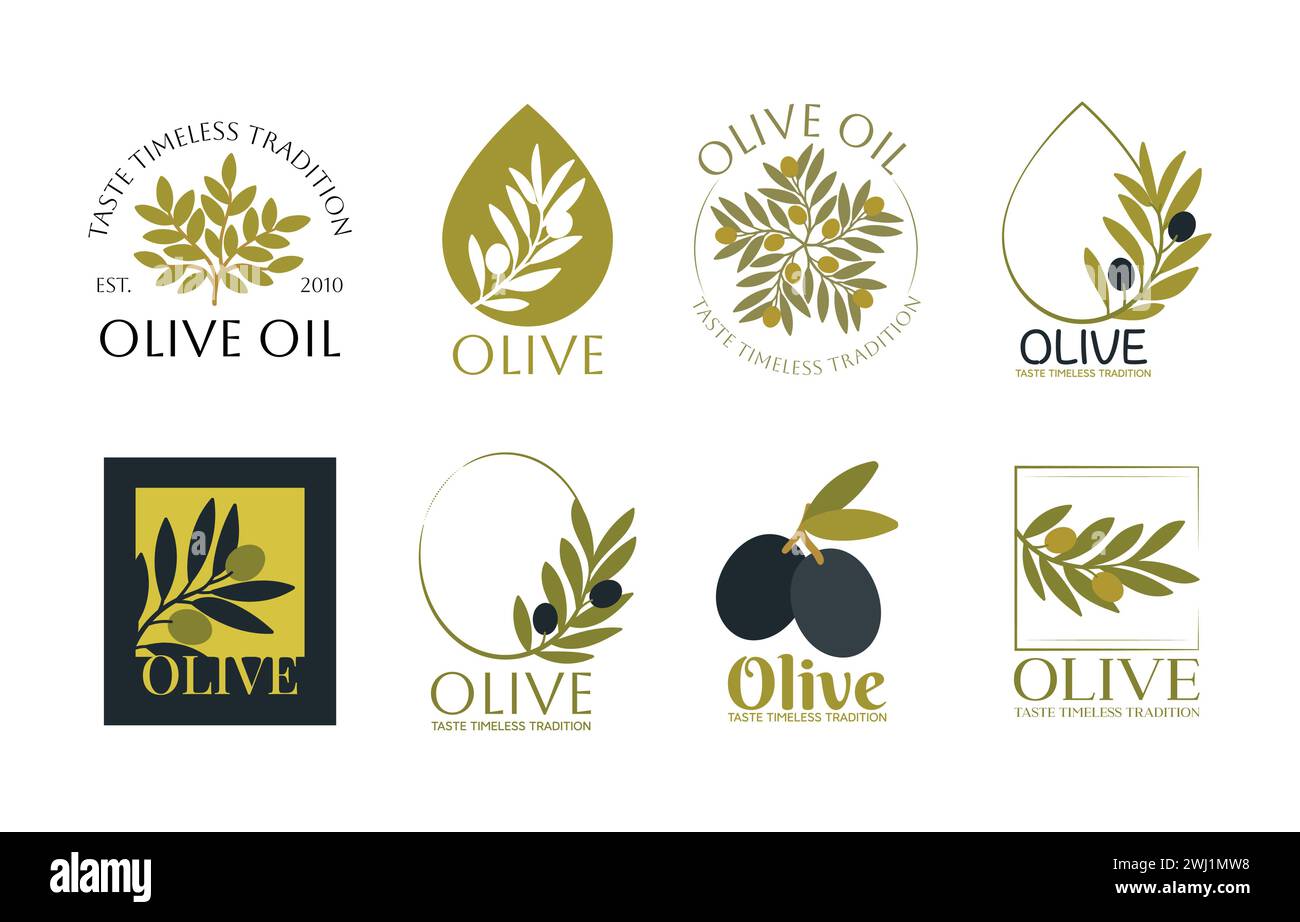 Set of vector logos of olive branch, tree, leaves and drops. Modern ...
