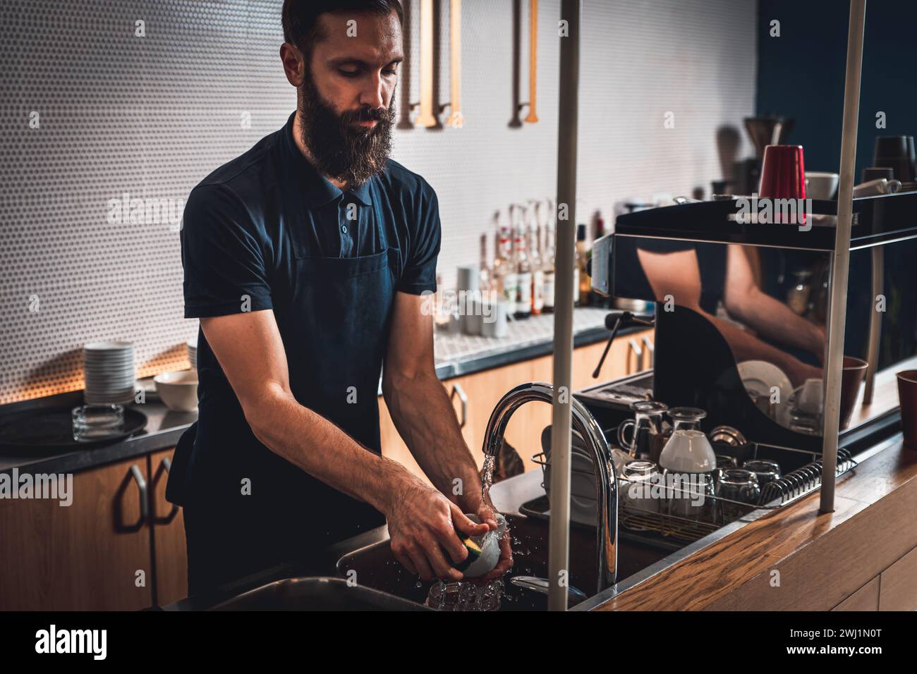 Barista preparing cappuccino on espresso machine for customer in coffee ...