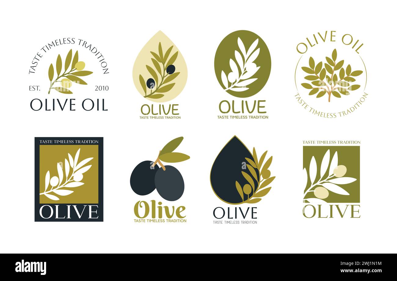 Set of vector logos of olive branch, tree, leaves and drops. Modern hand drawn vector olive oil ...