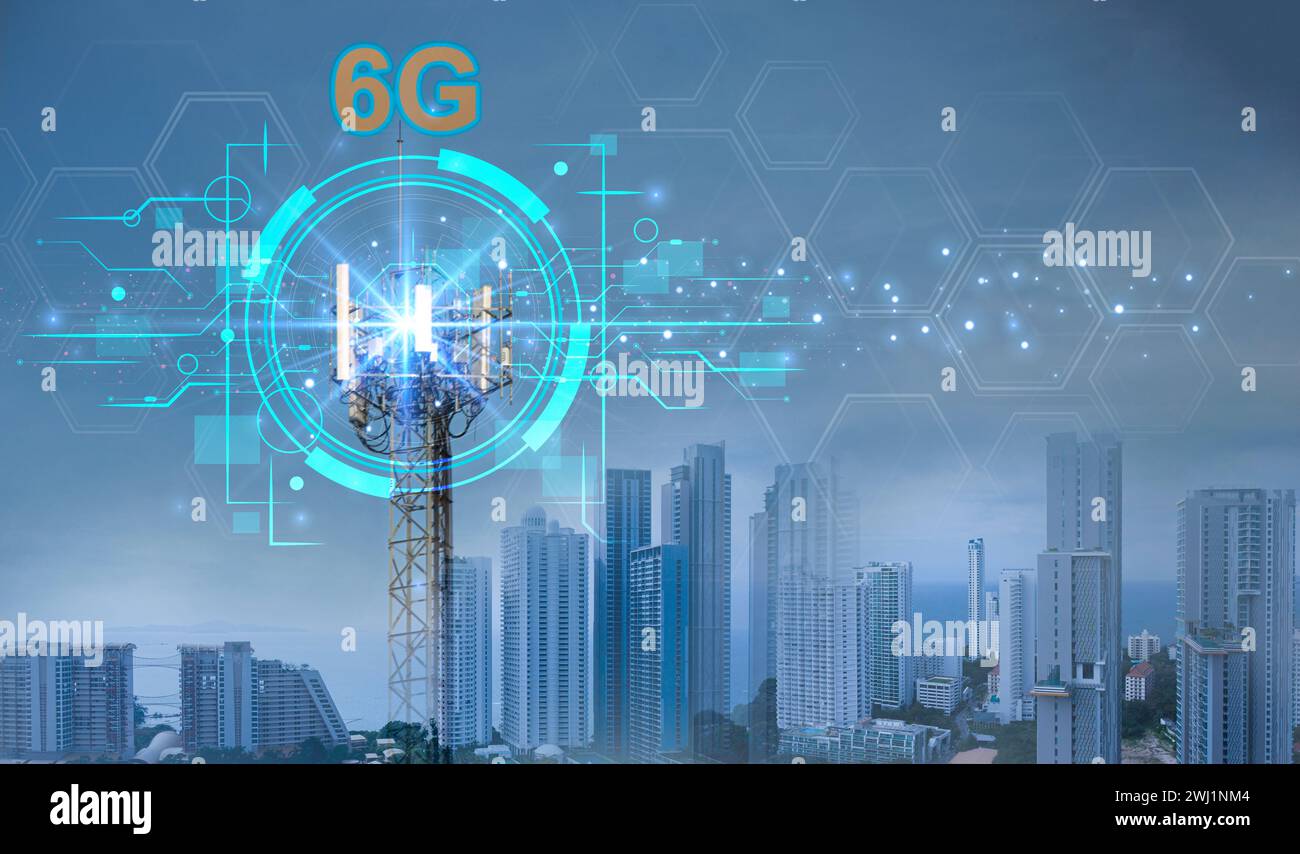 6G network digital and internet of everythings on city background.6G ...