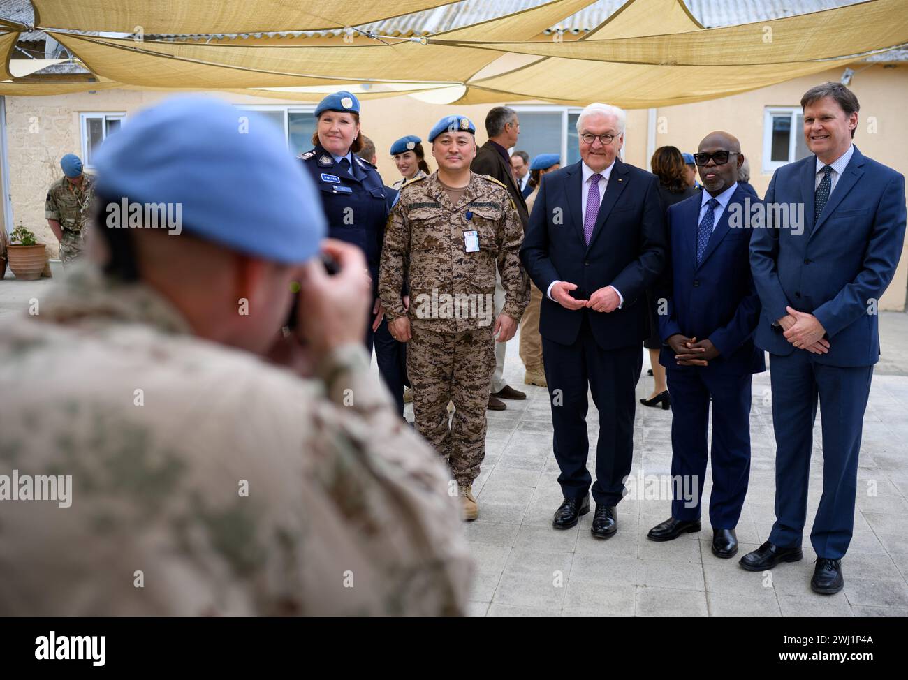 12 February 2024, Cyprus, Nikosia: German President Frank-Walter Steinmeier (3rd from right) and ...