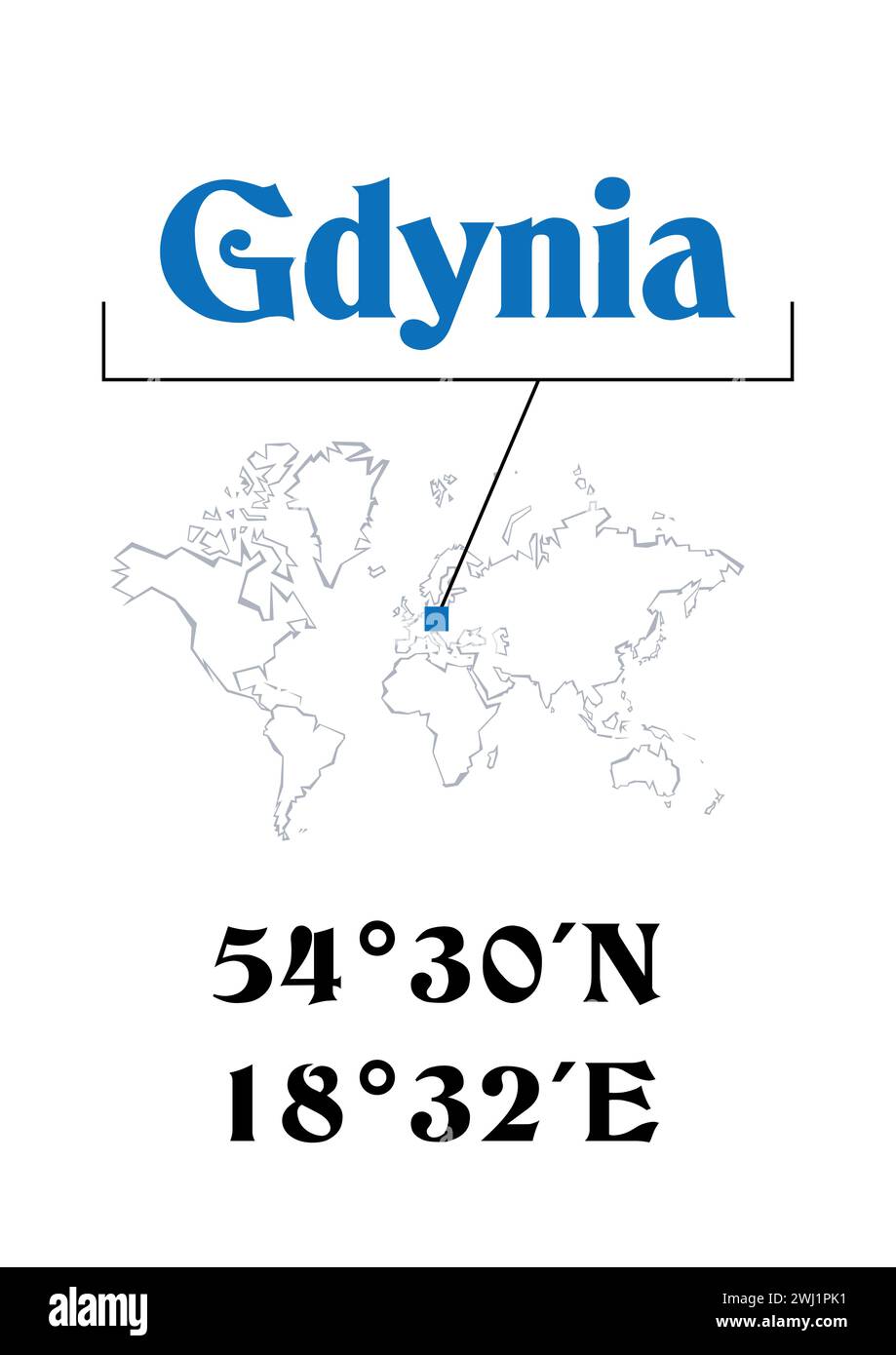 Gdynia poster or t-shirt graphic design. City coordinates and world map ...