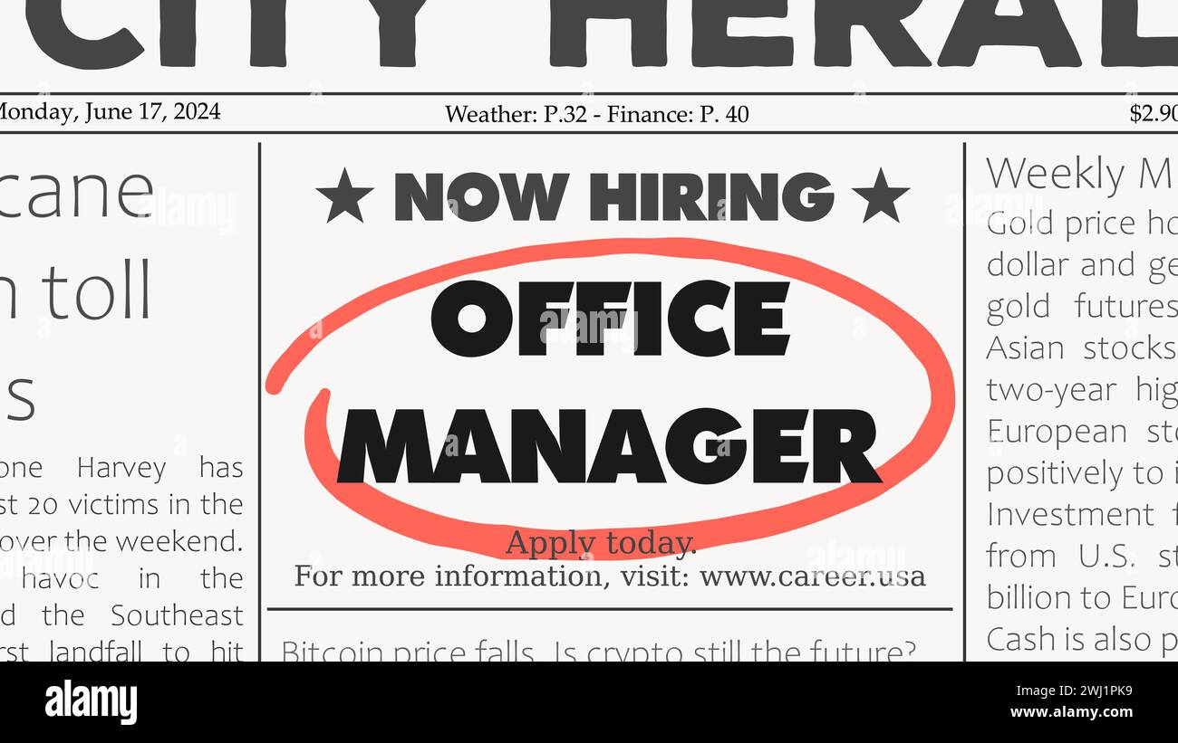 Office manager - job offer. Newspaper classified ad career opportunity ...