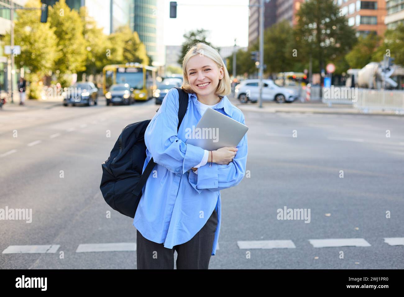 Image of young college student, happy female model on street, posing ...