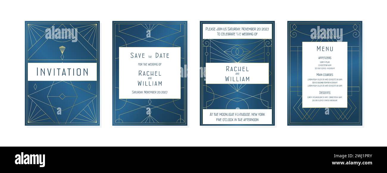 Art deco style wedding invitation. Blue and gold modern aesthetics ...