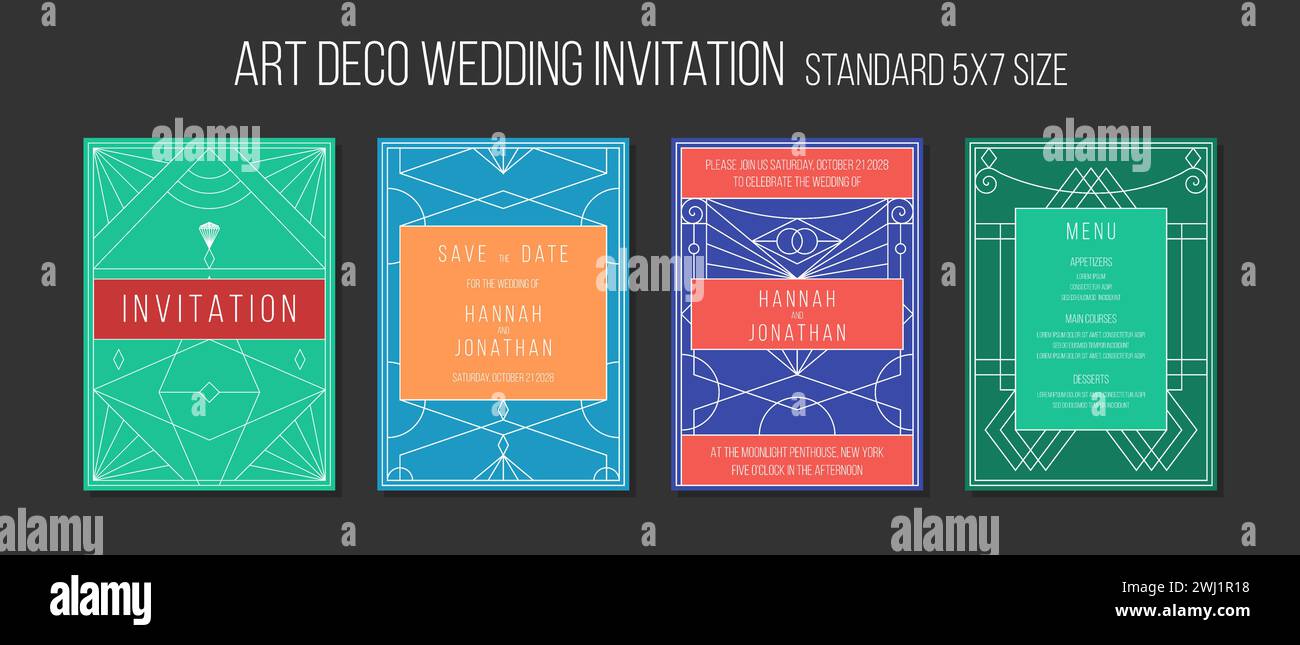 Art deco style wedding invitation set. Colorful modern streamlined ...