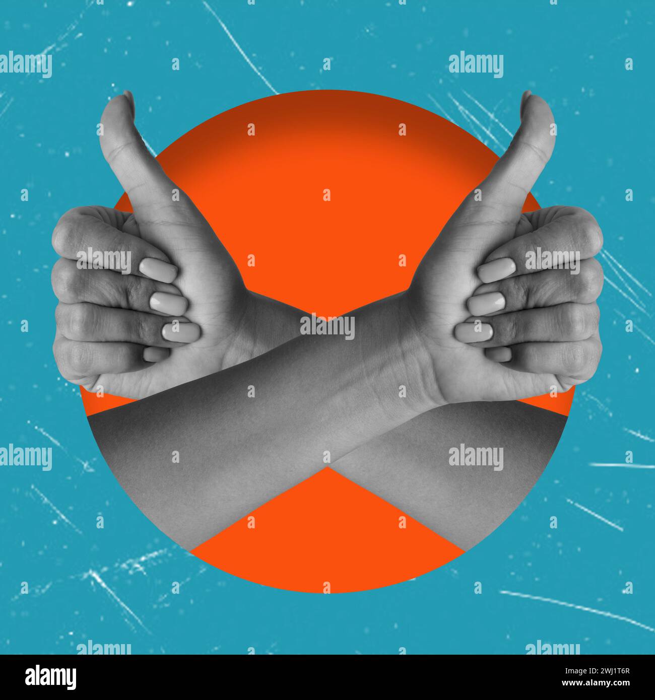 Art collage, female hands showing thumbs up gesture. Positive hand sign ...