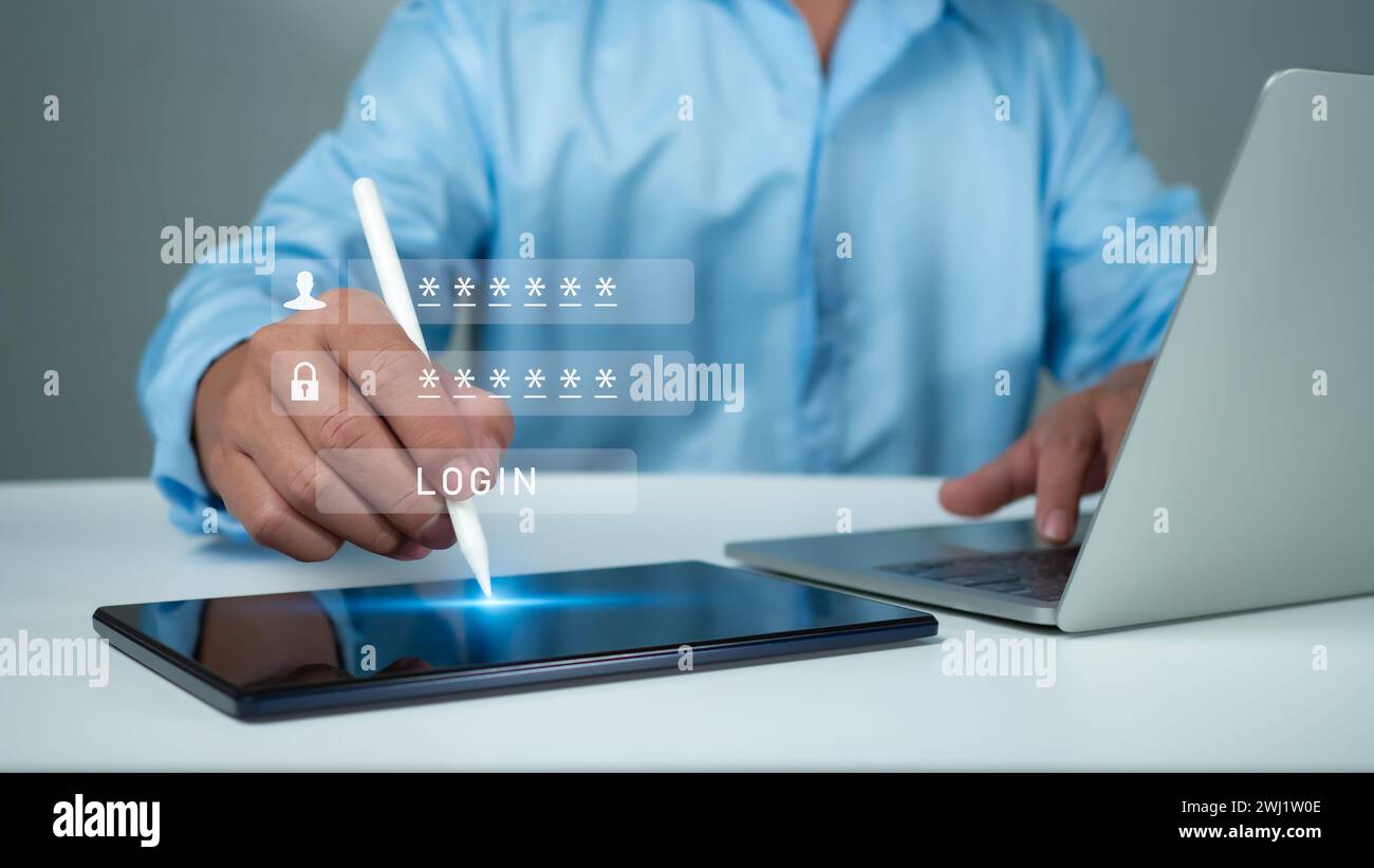 Cyber security and password login concept, Hands uses computer and ...