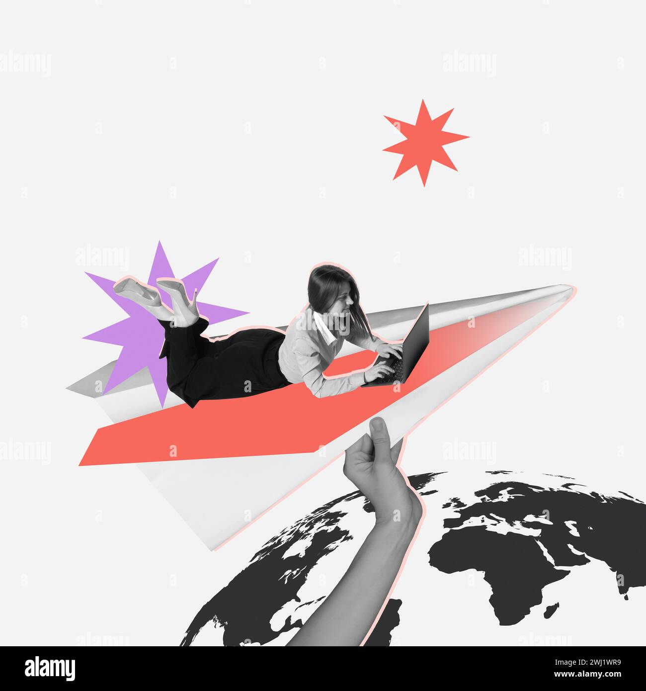 Woman, employee lying on paper plane and working on laptop while human ...