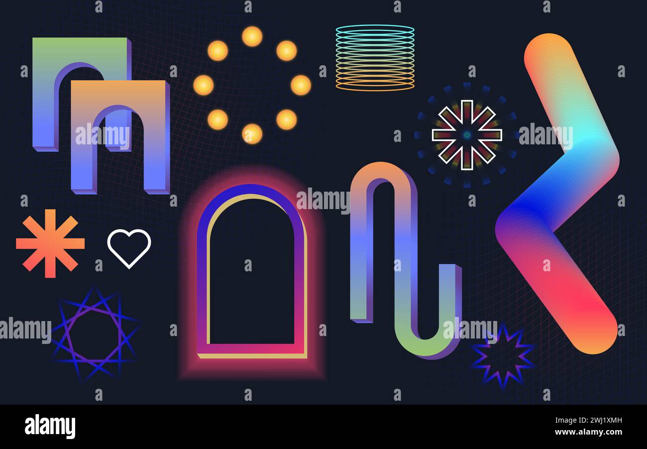 Neo brutalism elements with neon glow. Neo memphis, vaporwave set ...