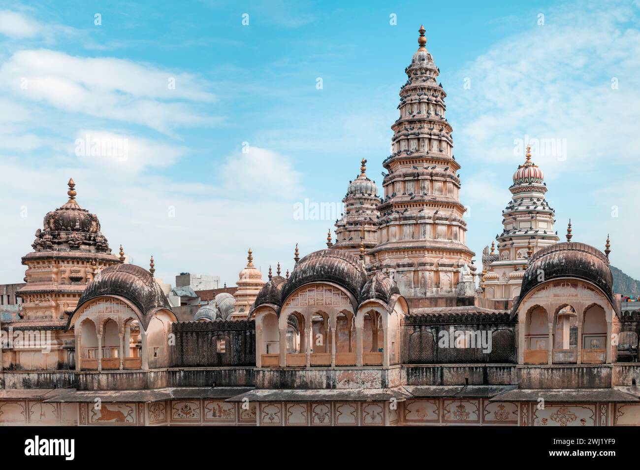 Pushkar, India - Rooftop view of city skyline with temples and royal ...