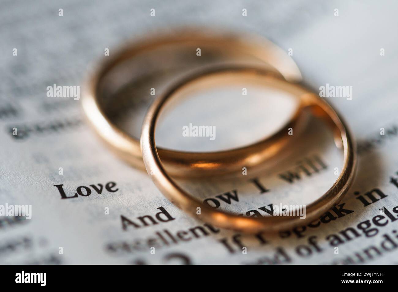 Two golden wedding rings and opened pages of holy bible represents the ...