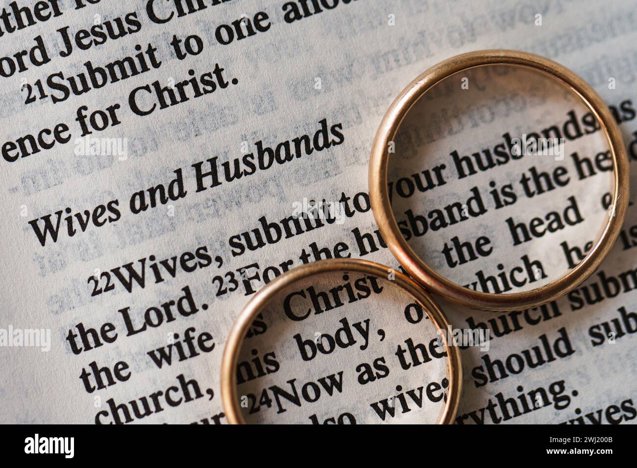Two golden wedding rings and opened pages of holy bible represents the ...