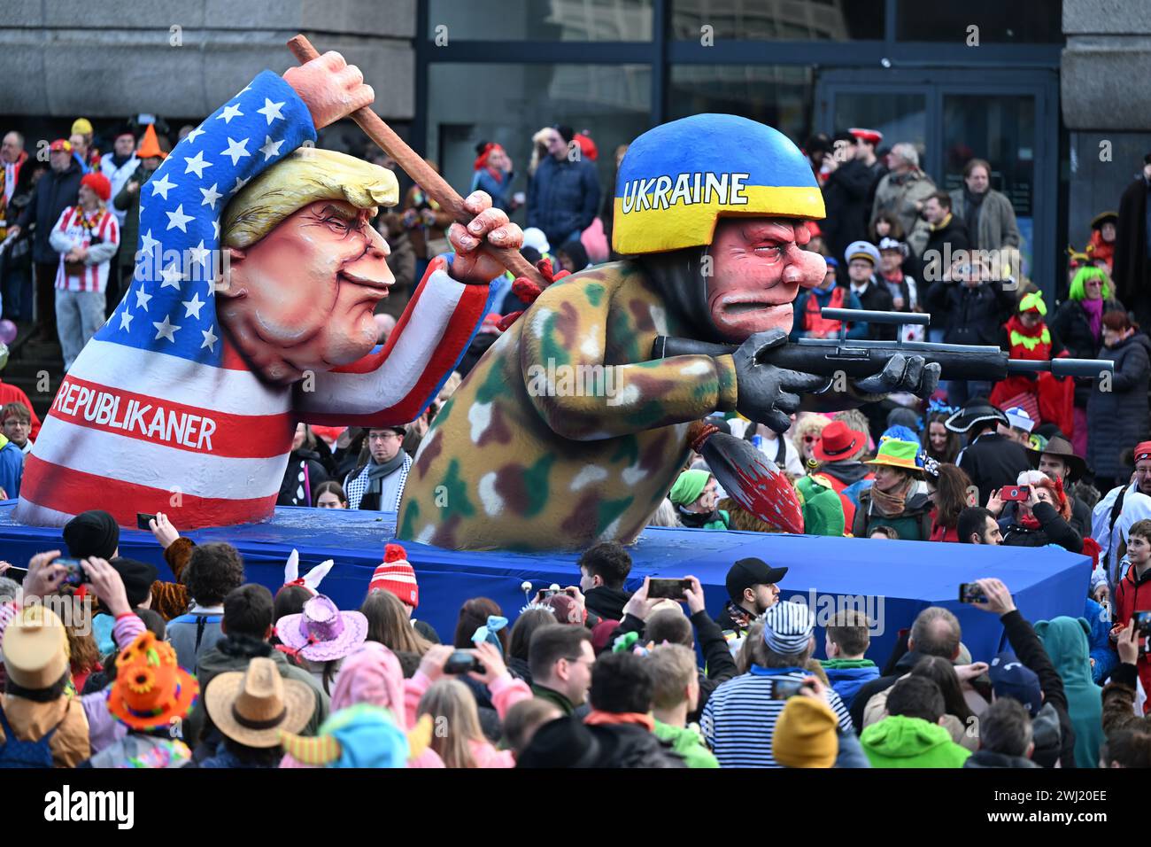 Duesseldorf, Germany. 12th Feb, 2024. The themed float, which shows the ...