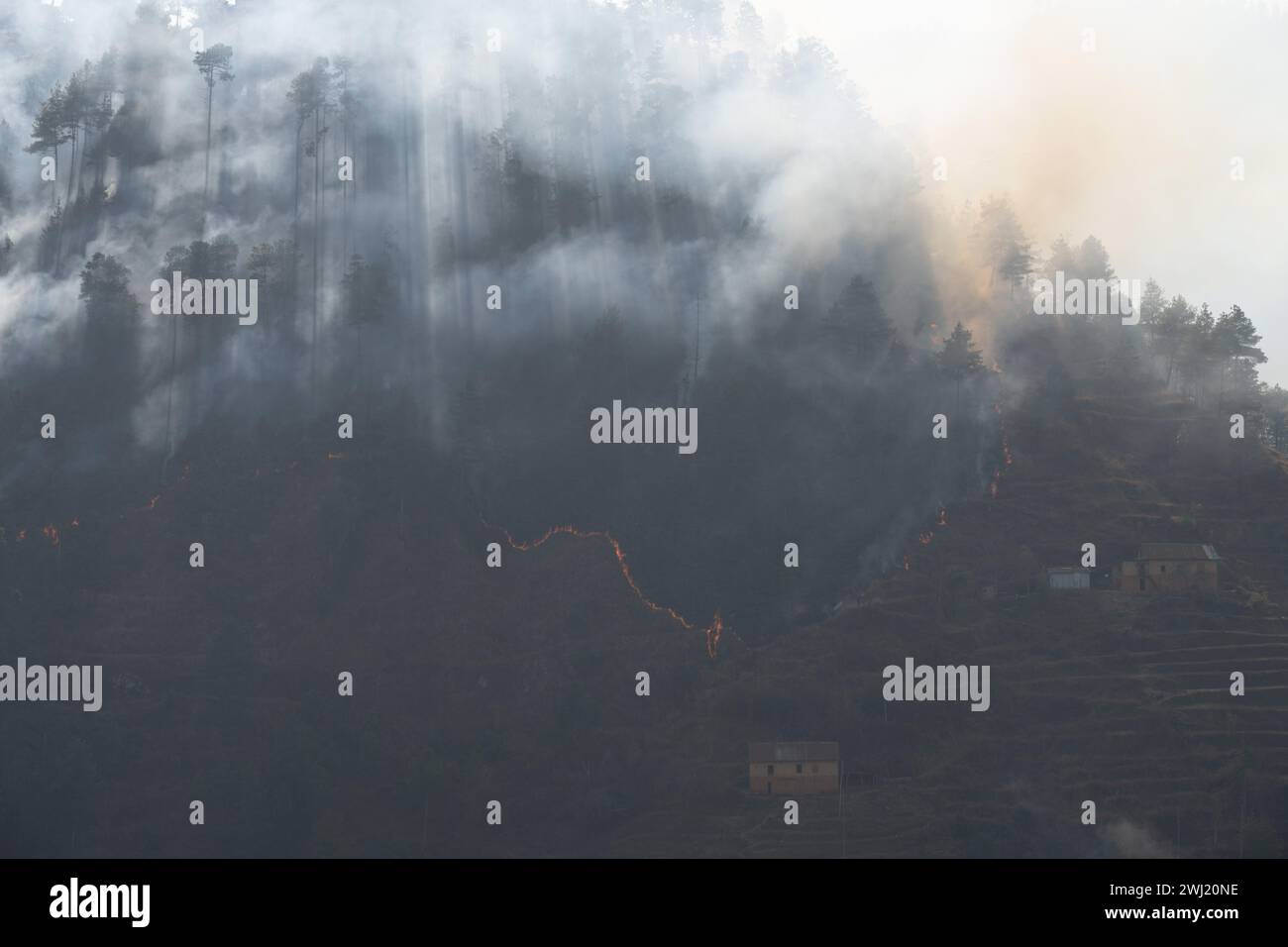 A wildfire burning a steep hillside in Nepal in the dry season with smoke reaching into the sky ...