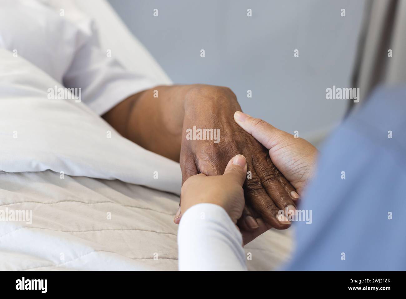 Hands of diverse female doctor holding hand of senior female patient in ...