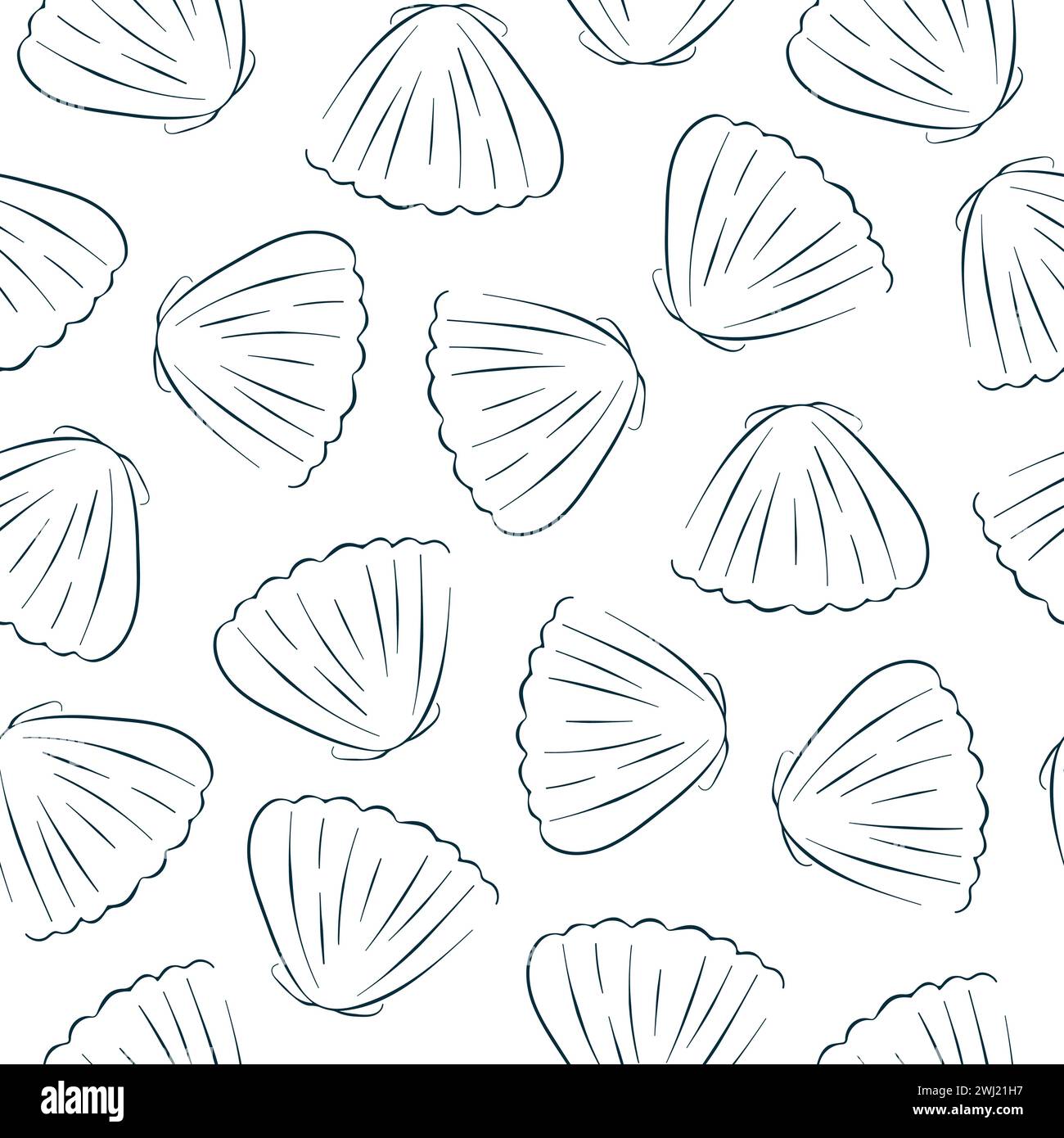 Seamless scallop pattern in line art style. Undersea blue background ...