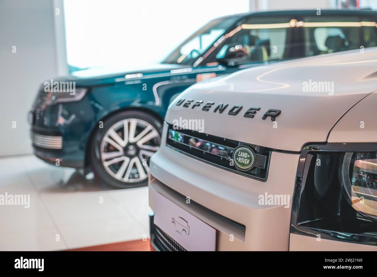 Land Rover Defender silver gray in the showroom on the shop showcase ...