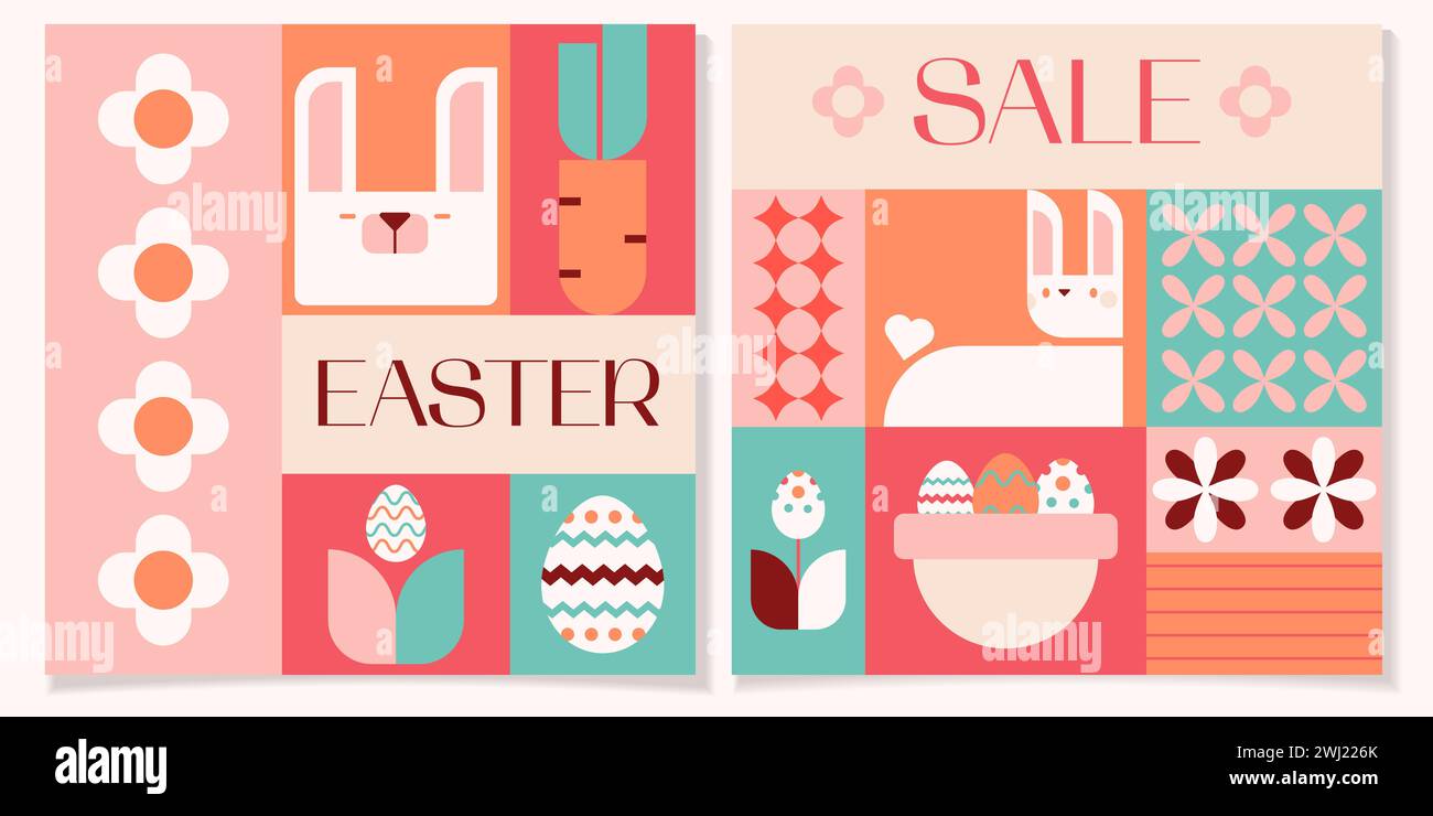 Easter sale geometric square bright flat template.Easter eggs,rabbits ...