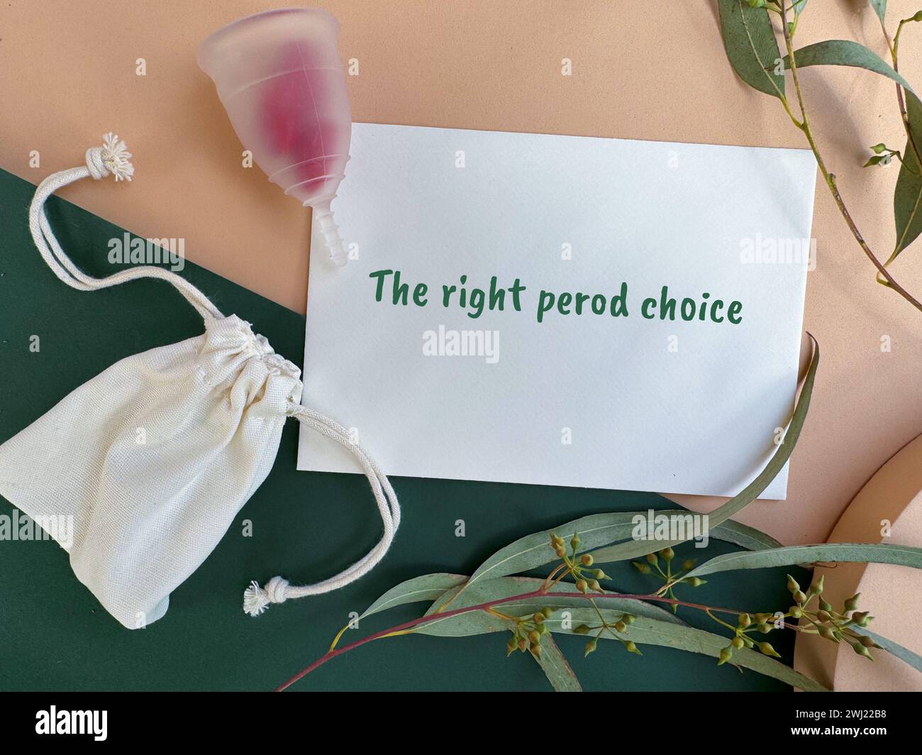 Menstrual cup and contraceptive pills on beige and green background ...
