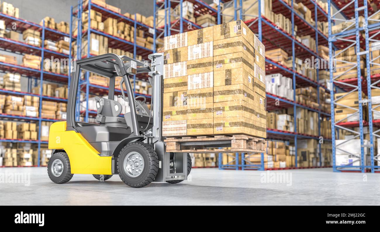 moving forklift within an industrial warehouse. 3d render Stock Photo ...