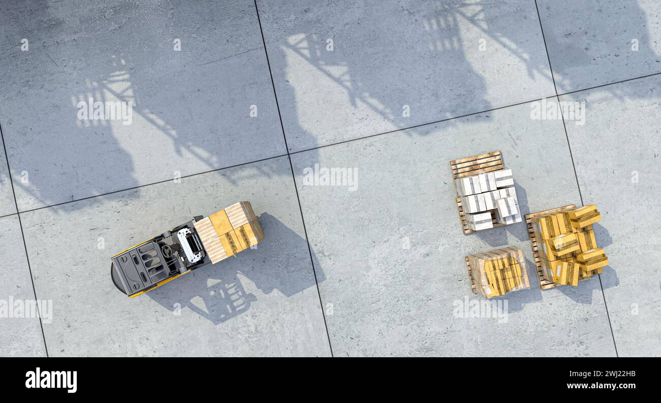 moving forklift inside an industrial warehouse. top view. 3d render ...