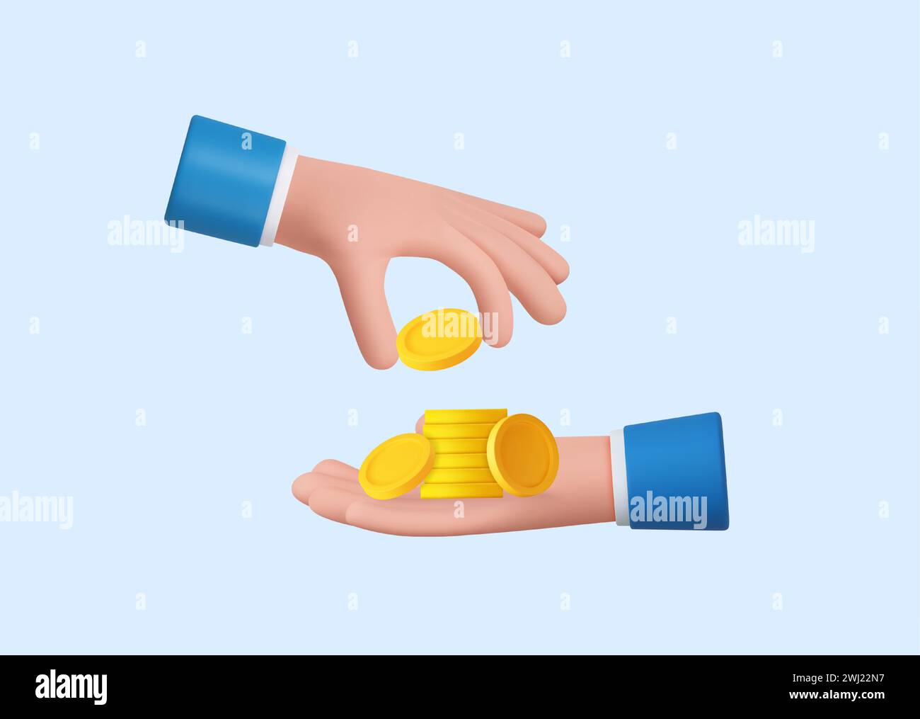 3D cartoon hand passes coin to the other. One hand holding a gold coin ...